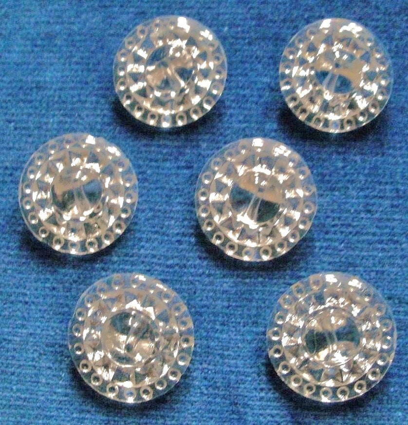 Glass buttons, a set of 6, vintage, clear pressed glass with domed ...
