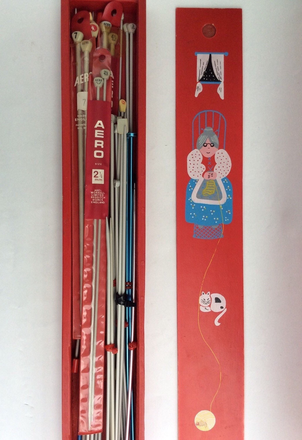 Knitting needle case knitting pin box vintage wooden painted 1960s red ...