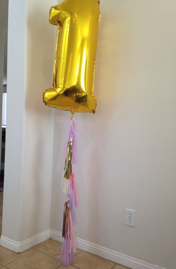 Giant 36" gold foil number 1 balloon one first pink star glitter tassels