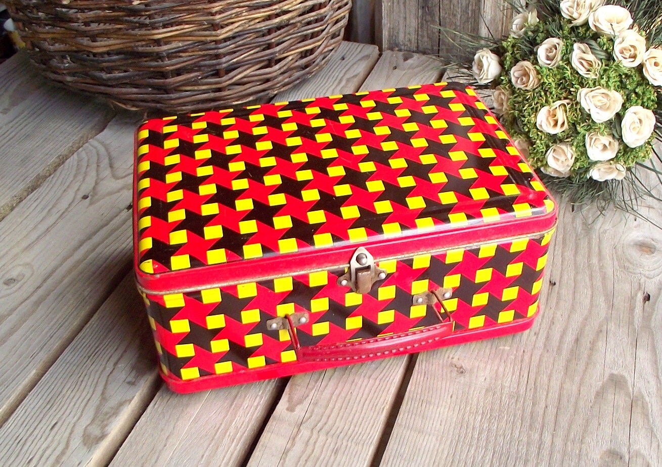Vintage Small Metal Suitcase – Checkered Metal Box with a Leather ...