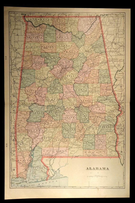 Large Antique Map Alabama State Early 1900s Original 1901