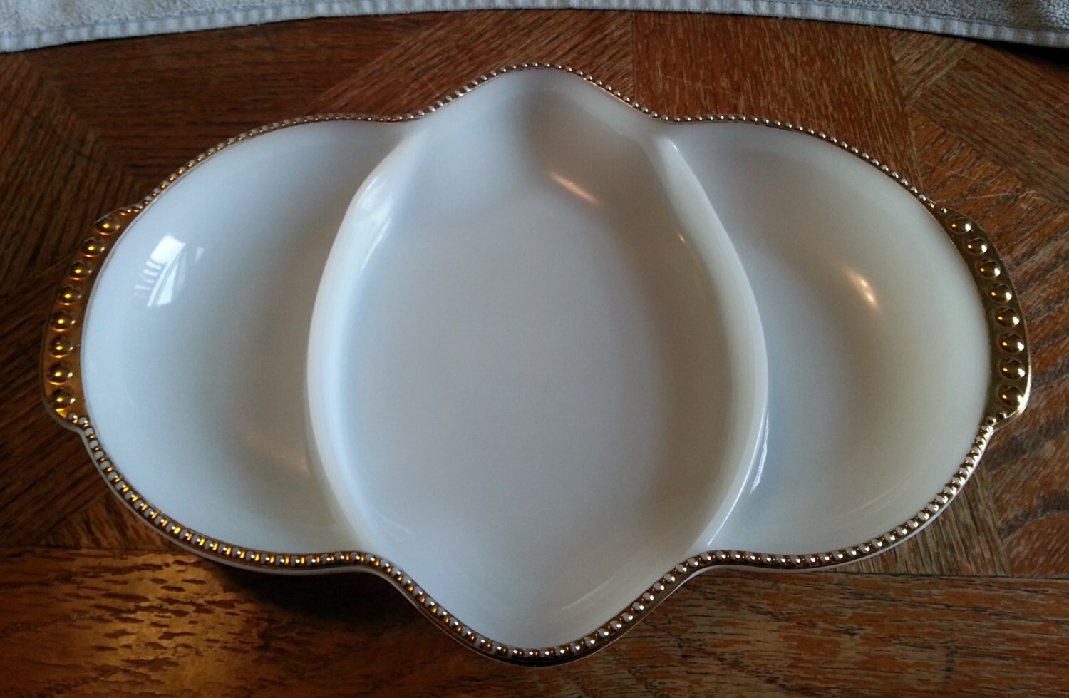 Vintage Fire King Milk Glass Divided Serving Dish – Gold Trim – Stamped ...