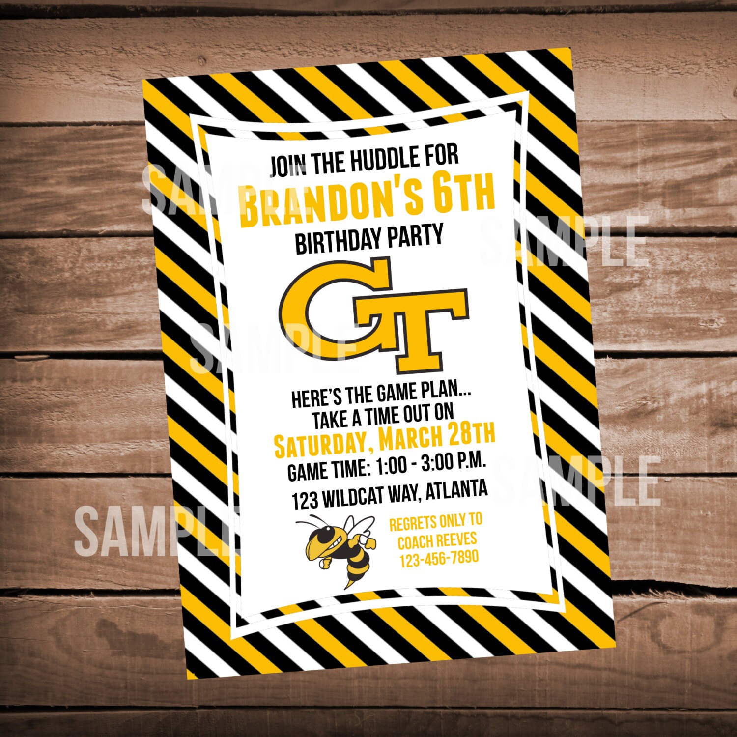 Georgia Tech Birthday Party Invitation with Stripes