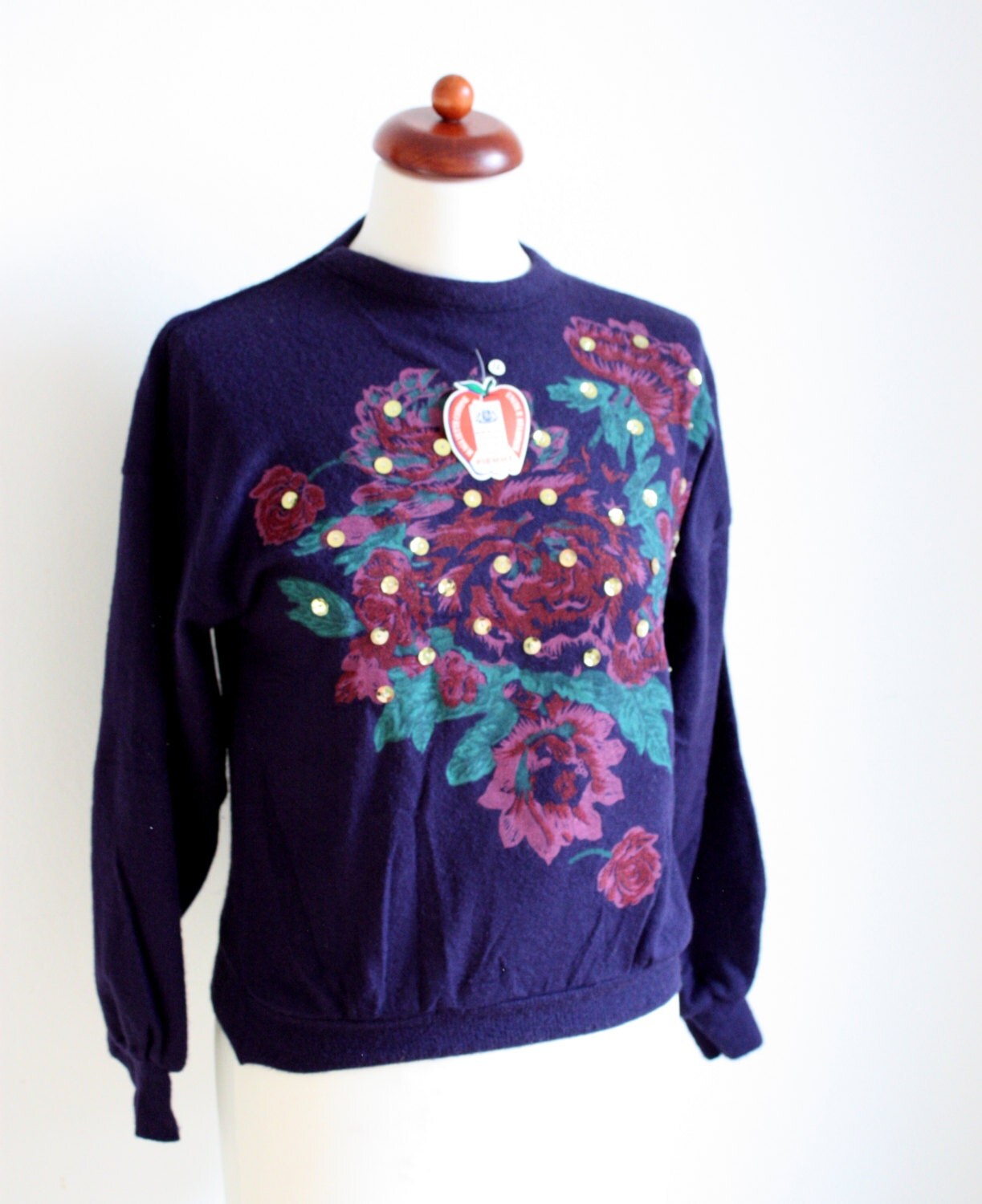 Vintage ITALY SWEATER with tag 1980 size S with sequins printed roses ...