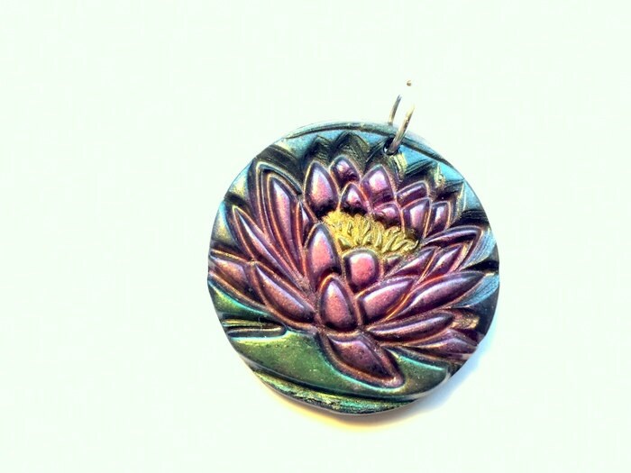 Pink Lotus Blossom Handmade Polymer Clay Pendant by PennysLane