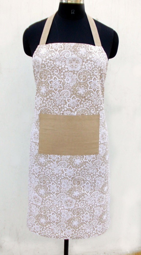 Beige color apron lace print kitchen accessory 100% cotton