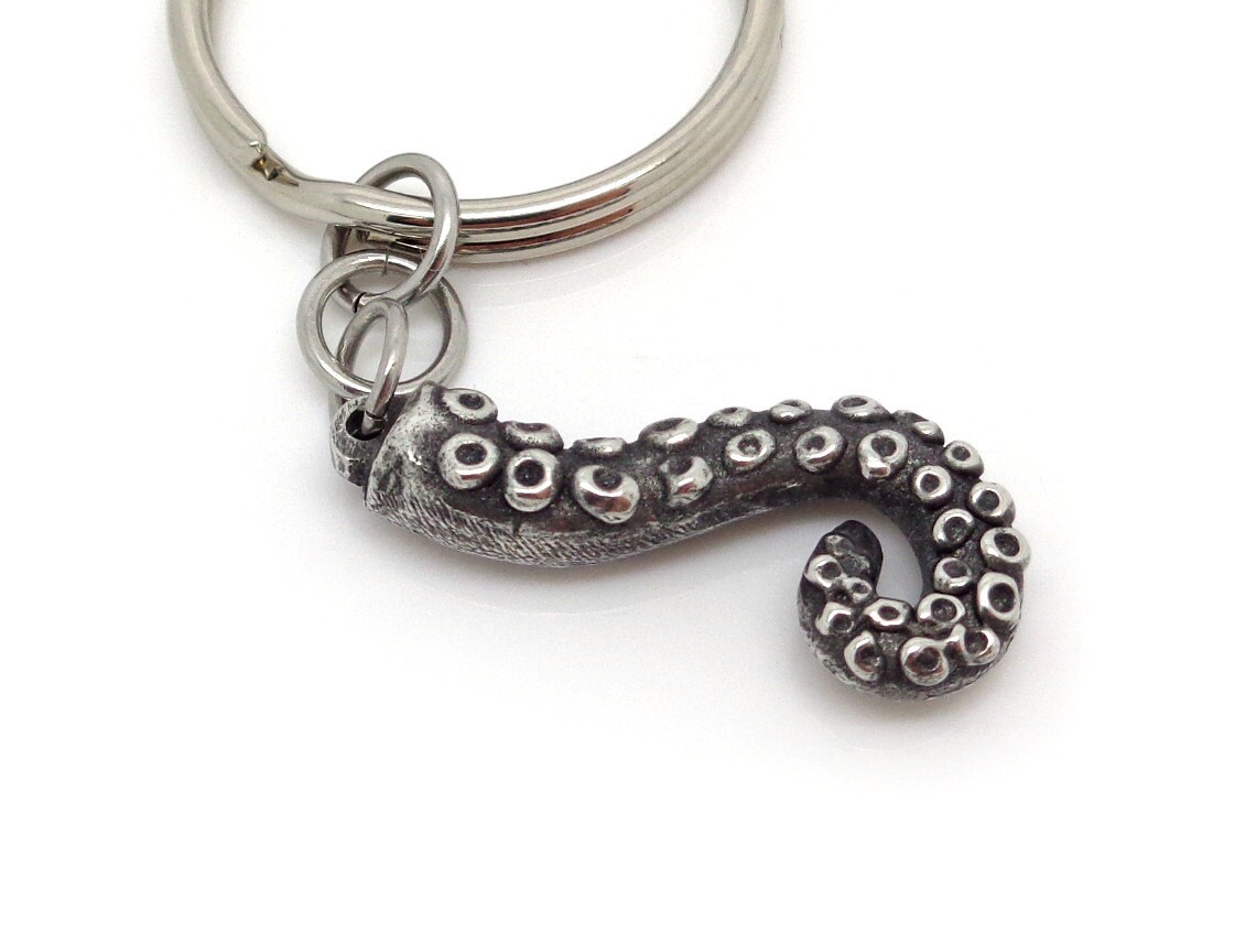 Octopus Tentacle Keychain in Pewter Squid Arm Pendant Key