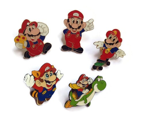 5 Mario Pins 1993 Nintendo Nes Set Of Super Mario Yoshi Metal Glossy Pins Rare Vintage Retro