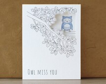 Cute I'll miss you card - Sad owl print - hand painted card - papercut card