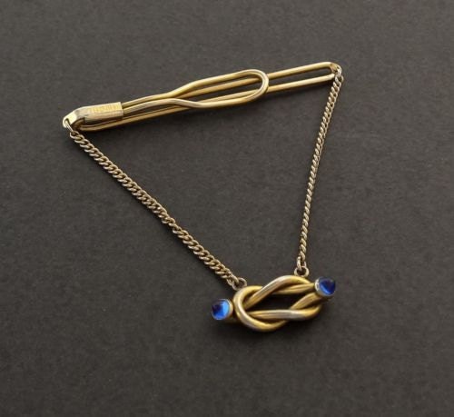 SWANK Vintage 1940s Tie Chain 2.5″ Knot with Blue Ends Pendant Gold ...