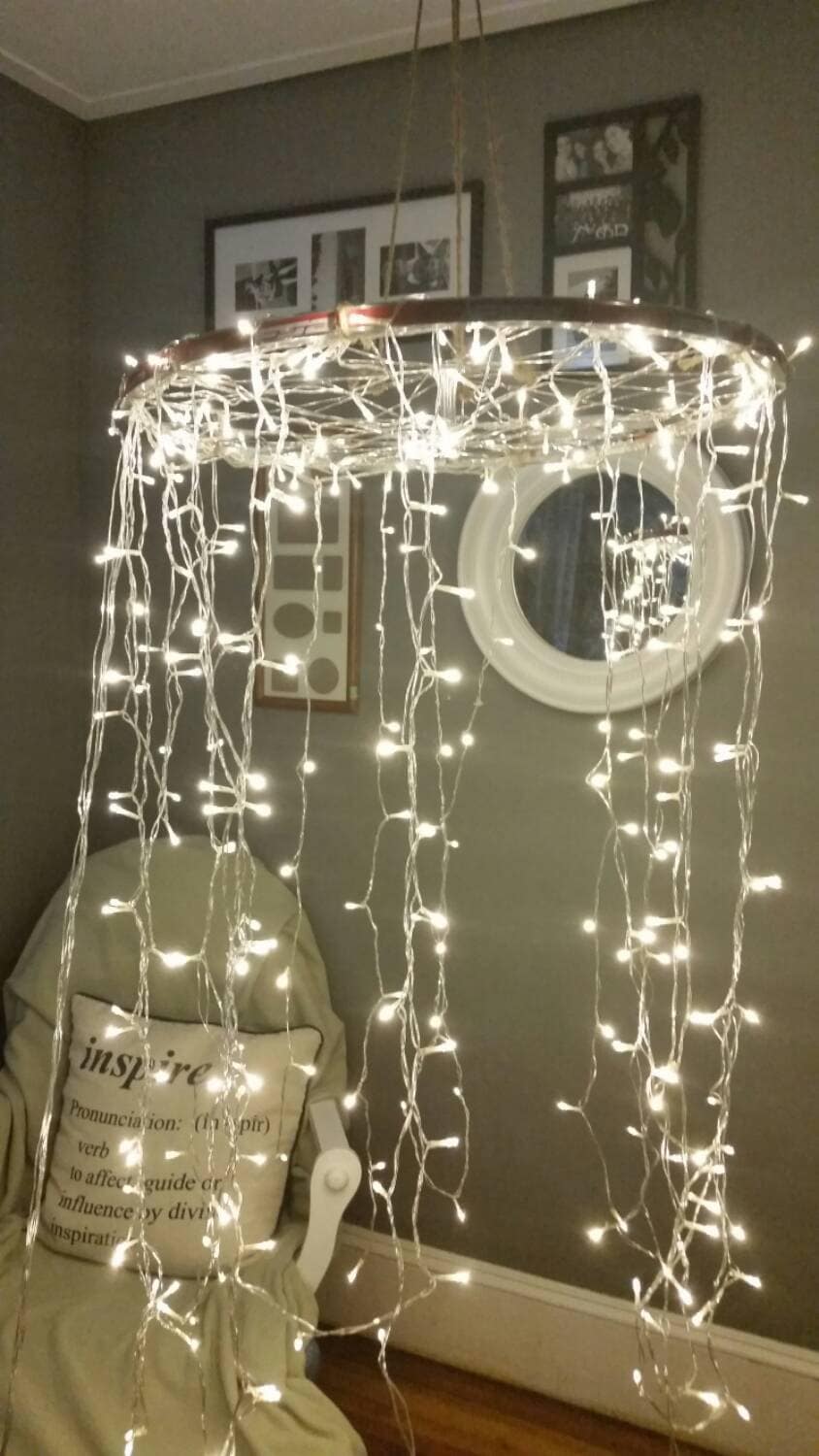 Salvaged repurposed bicycle wheel chandelier