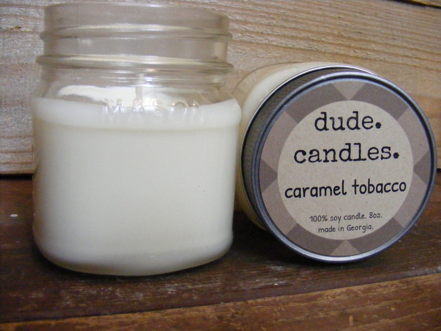 caramel tobacco candle. 8oz soy candle. dude candle. sweet
