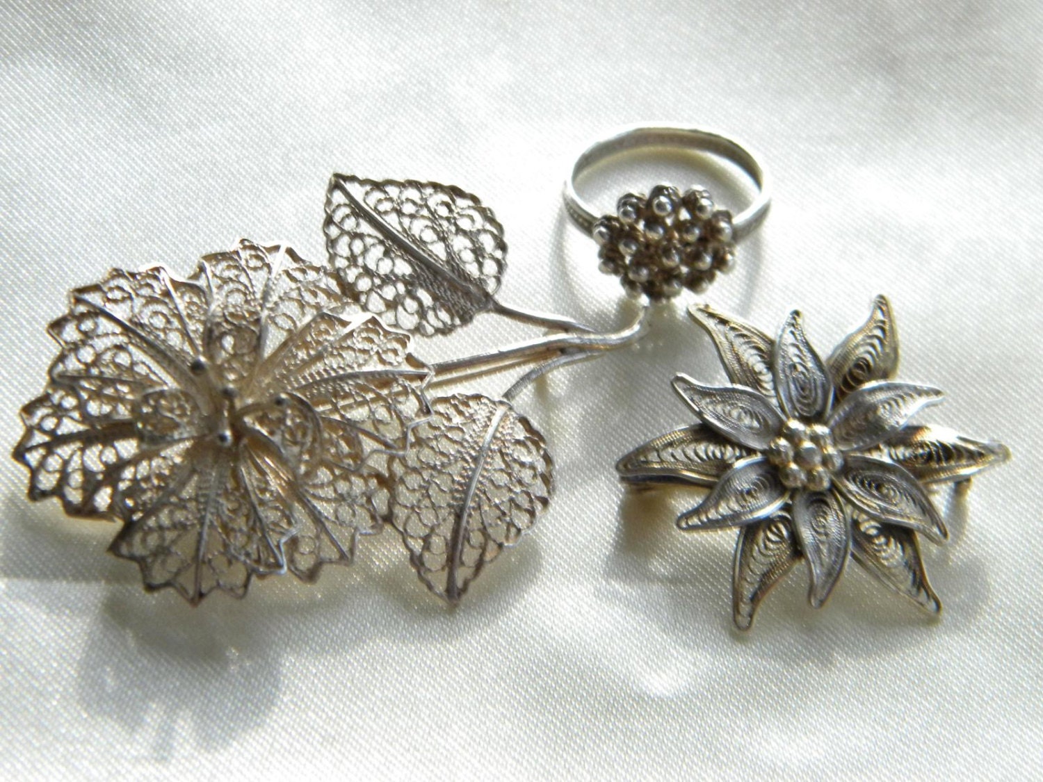 vintage LOT collection Silver 925 Edelweiss flower brooch + ring ...