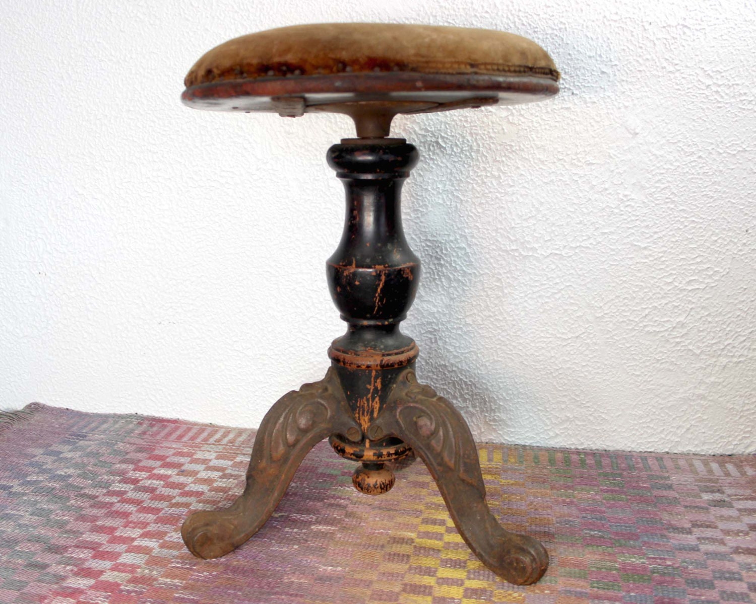 Vintage Piano Stool with Cast Iron Feet / Adjustable Piano Stool ...