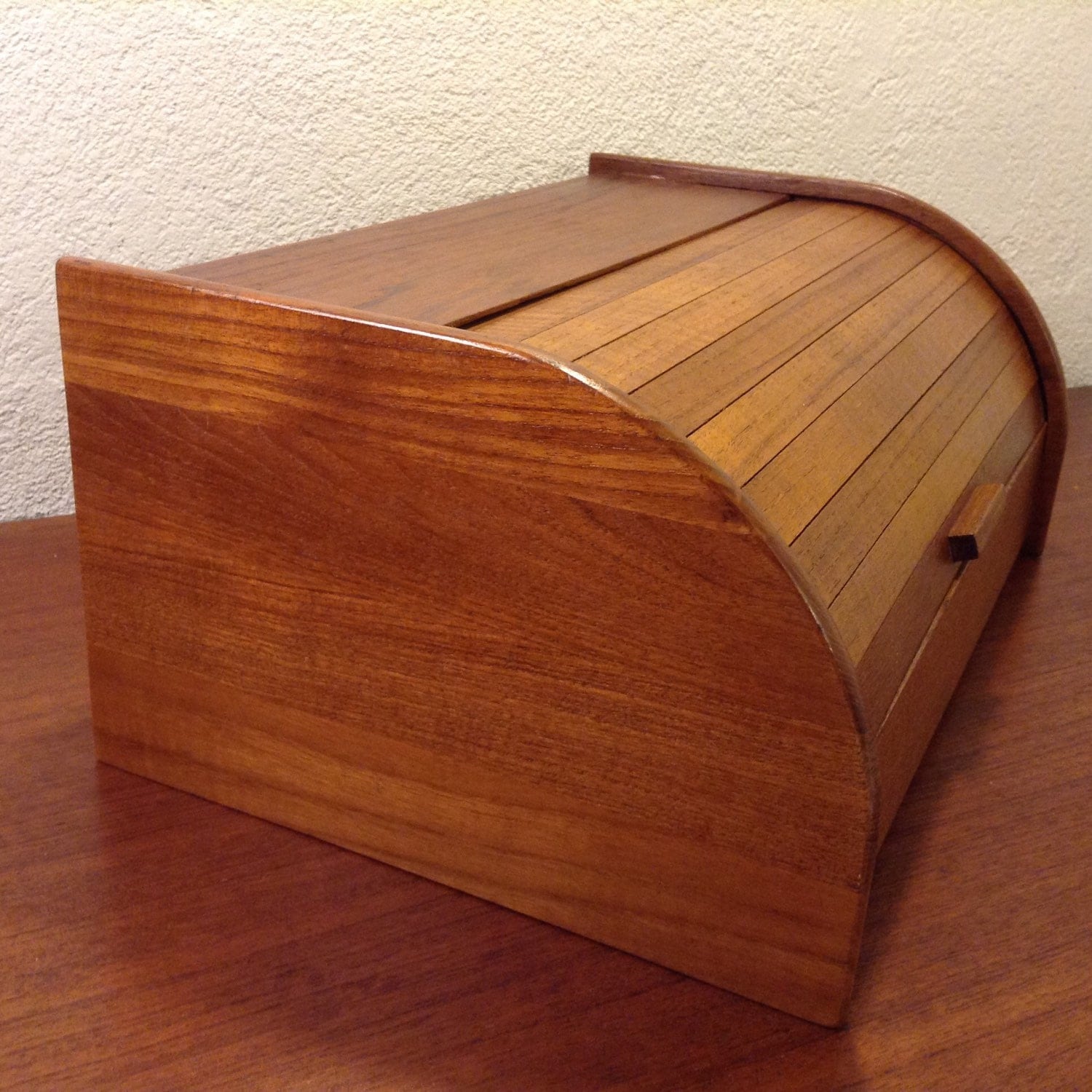 Vintage Teak Wood Roll Top Bread Box Danish Modern Mid Century Kitchen ...