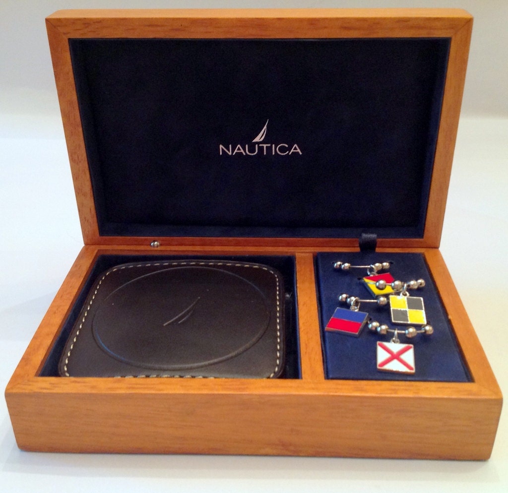 Nautica 8pc Leather Coaster and Wine Glass Charm Set in Wooden Box for ...