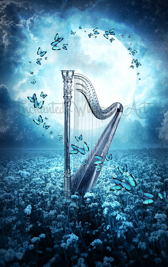 Beautiful Harp print fantasy harp artwork butterflies and