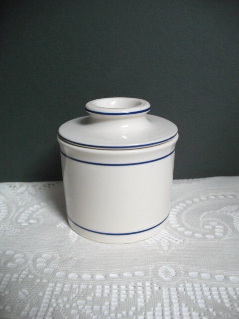 Vintage Butter Bell White Blue Stripe Butter Dish Ceramic Crock Country ...