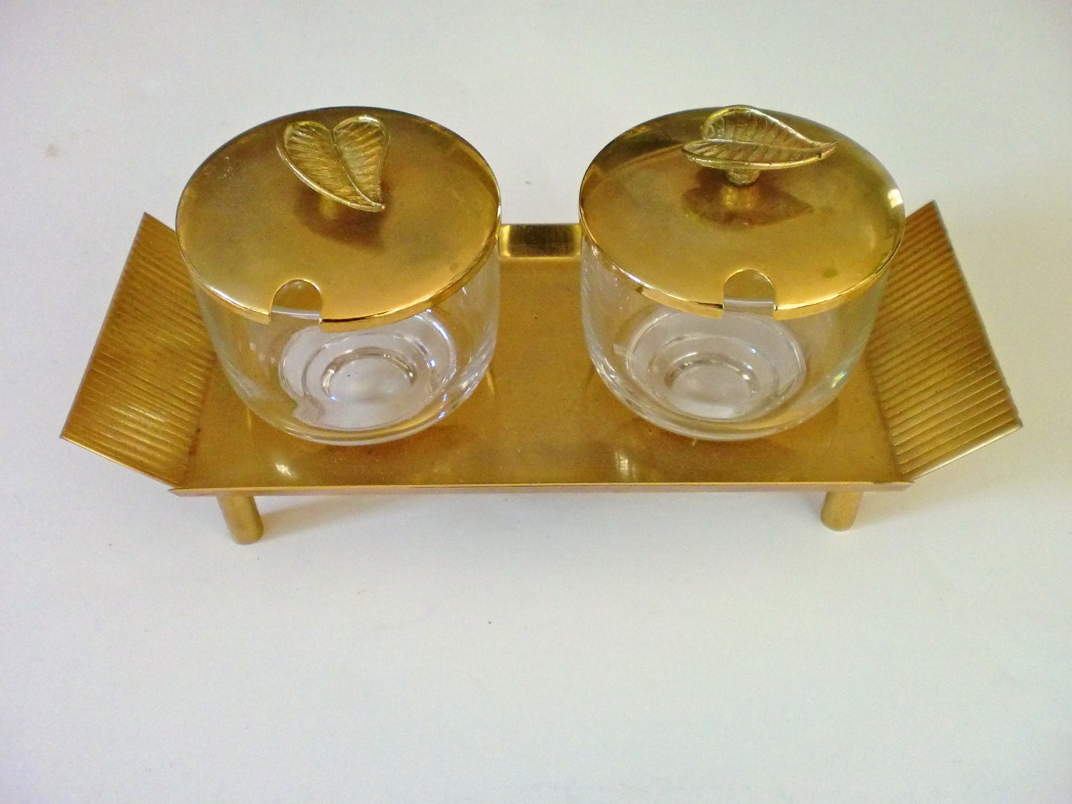 Vintage Brass and Glass Covered Condiment Jars Serving with Holder Tray ...