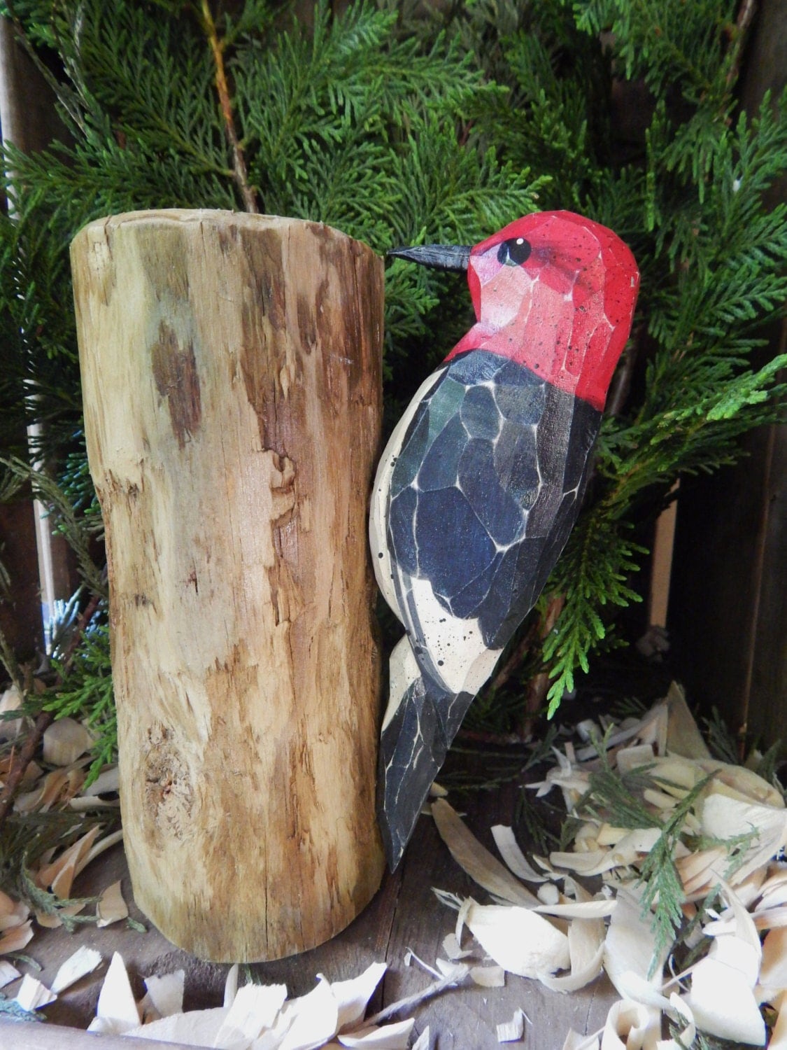 Carved Red Headed Woodpecker on Pine Tree