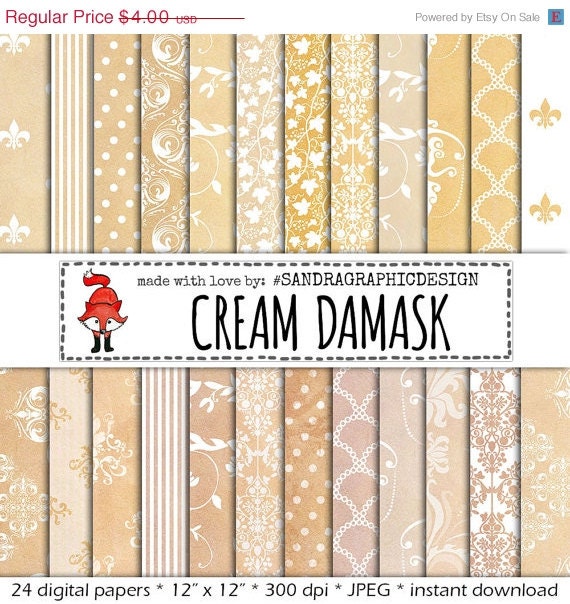 30% OFF Cream digital paper: “CREAM DAMASK” with various damask pattern ...