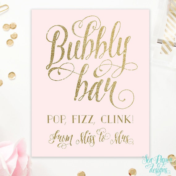 Blush Pink And Gold And Silver Bubbly Bar Sign By Seapaperdesigns