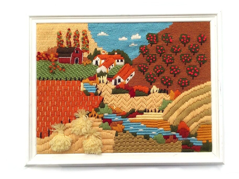 Vintage country farm scene needlepoint embroidered by PeachNifty