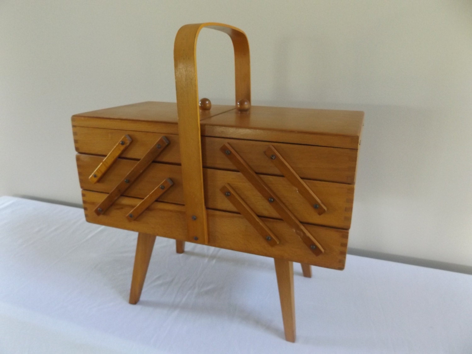Vintage Wooden Sewing Box / Sewing Box with Legs / Jewelry Storage Bin ...