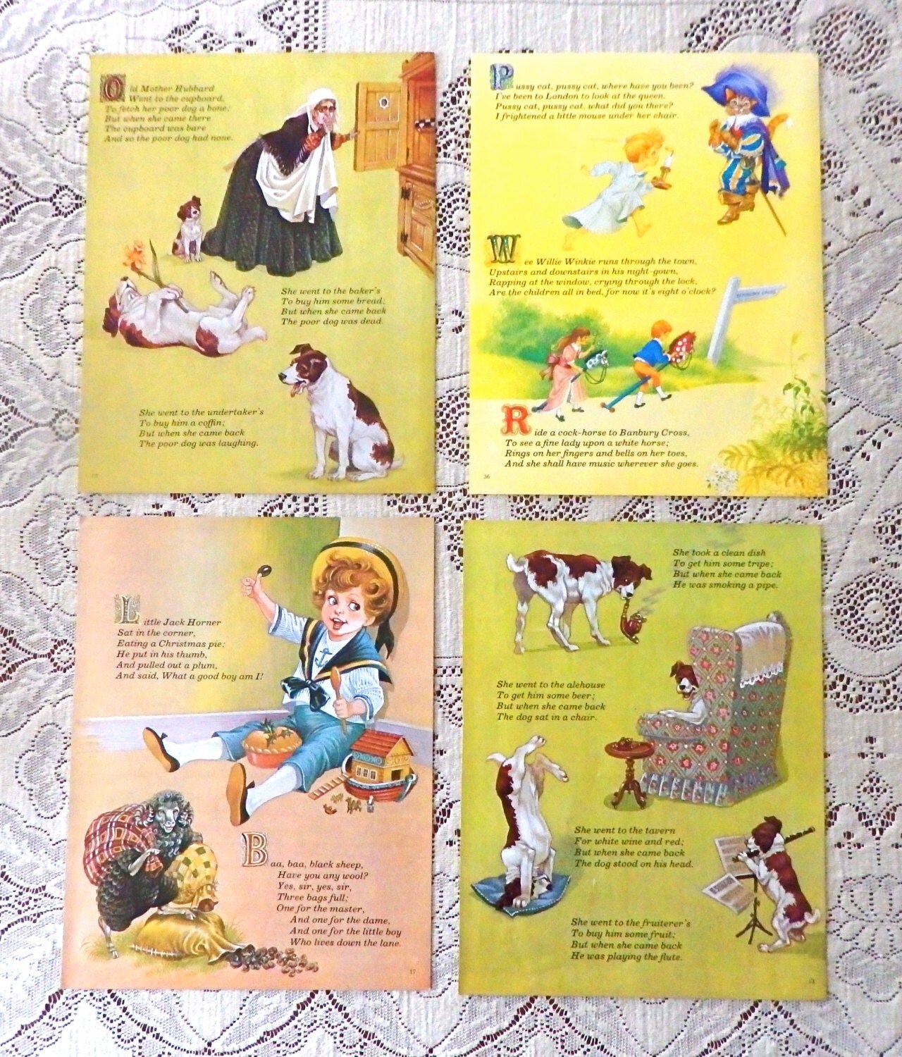 SET OF FOUR Vintage Nursery Rhyme Prints/ Fabulous Colorful
