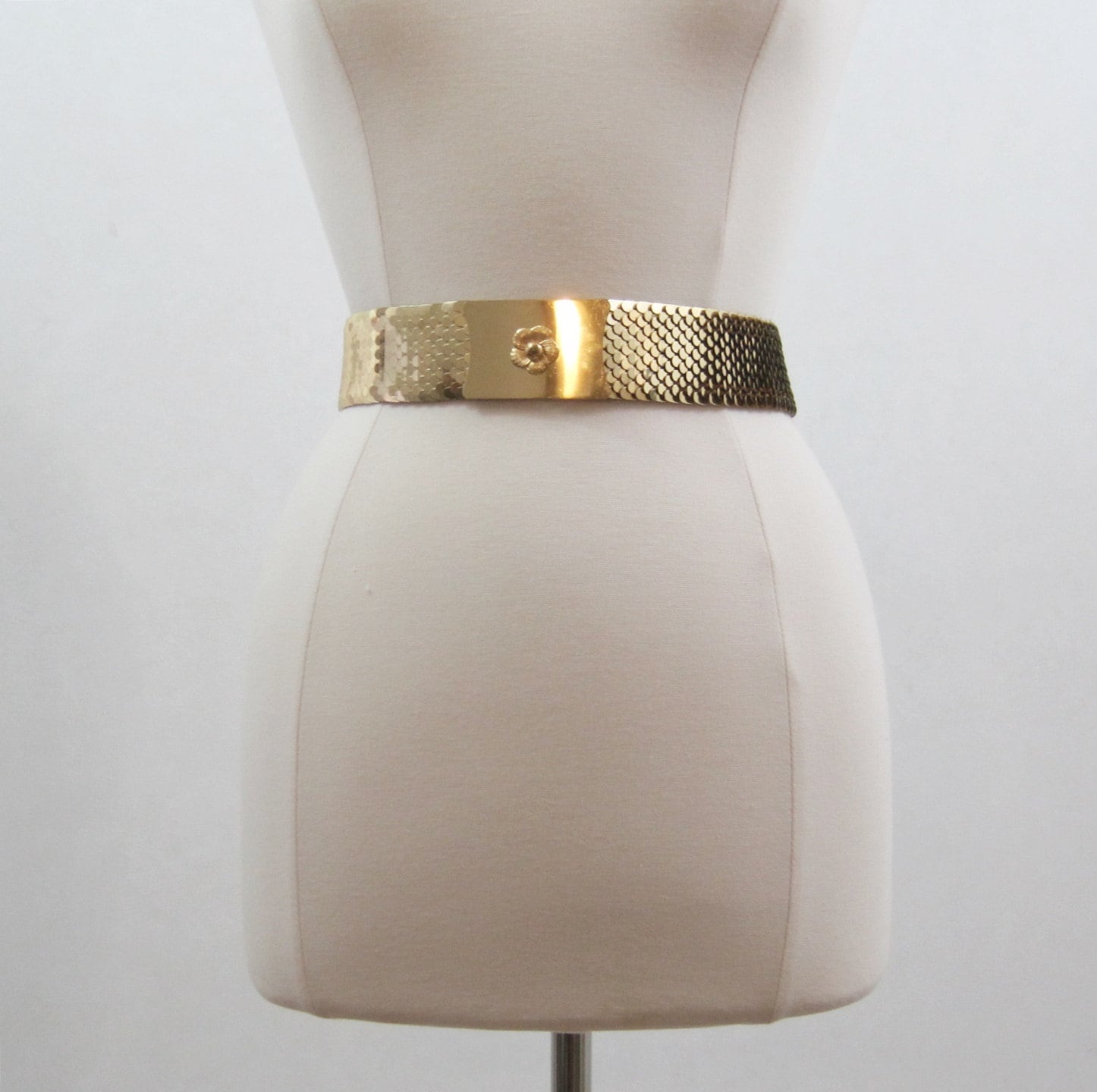 70s 80s Belt Vintage Disco Gold Metal scale Wide Elastic Cinch Belt S M ...