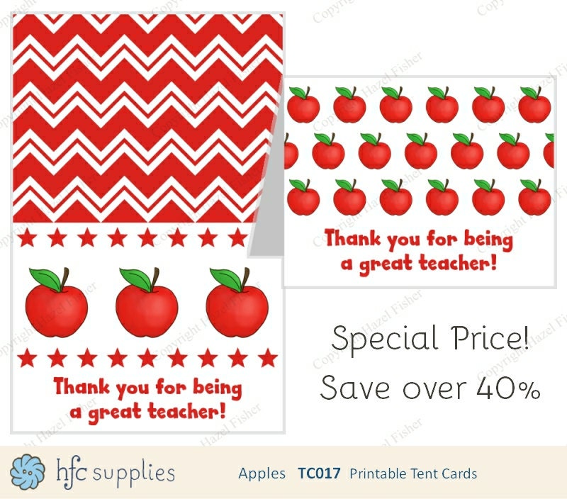 Thank You Teacher Cards Apples printable tent card by hfcSupplies