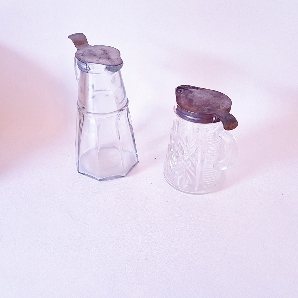 Vintage Set of Cut Glass Syrup Creamer Bottles Original Metal Lids ...