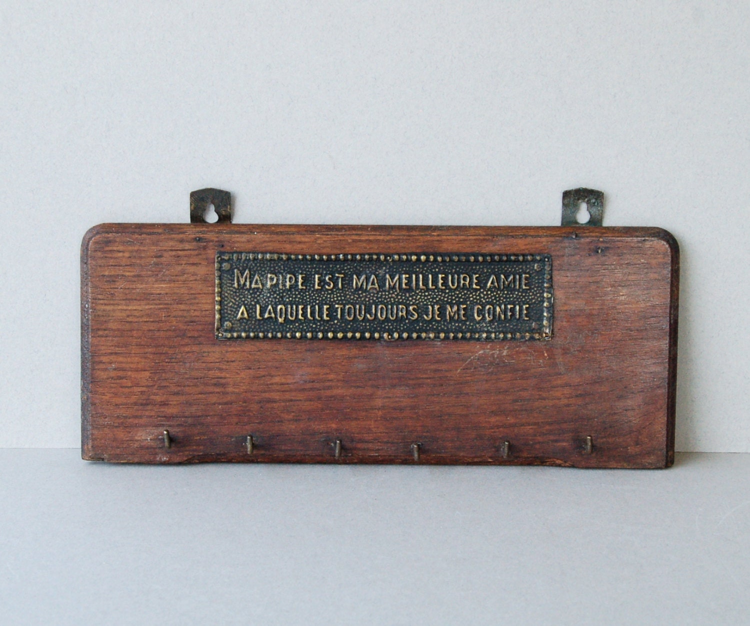 Vintage French wooden key rack Wall key hook Wood and brass key holder ...
