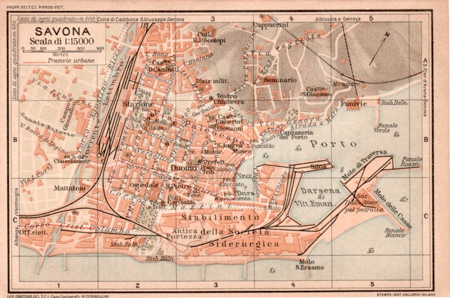 1916 Savona City Map Antique Map Vintage Lithograph Liguria