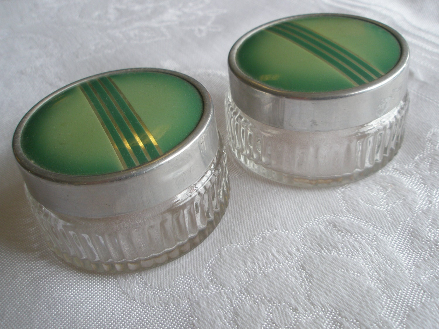 Art Deco Vanity Jar Set of 2 ~ Green Metal and Celluloid Tops ~ Clear ...