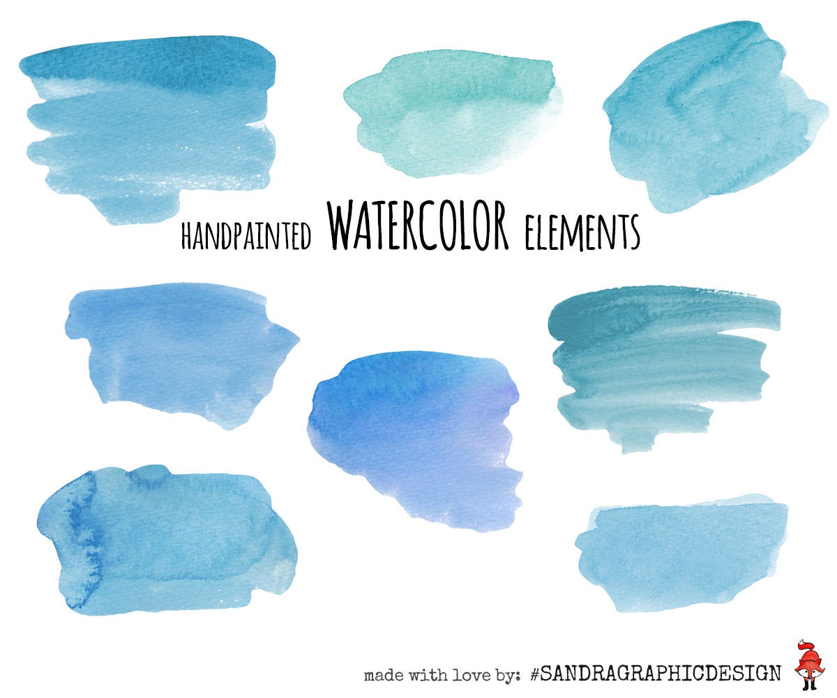 Clip art set: “WATERCOLOR STROKES” with 16 paint smutches in blue ...
