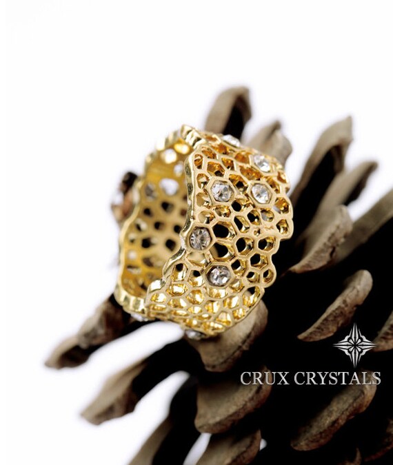 Honeycomb Ring Gold Plated Ring w/ Inlaid Mini by CruxCrystals