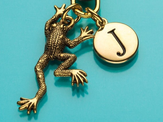 Frog Keychain, Gold Frog Key Ring, Initial Keychain, Animal Charm ...
