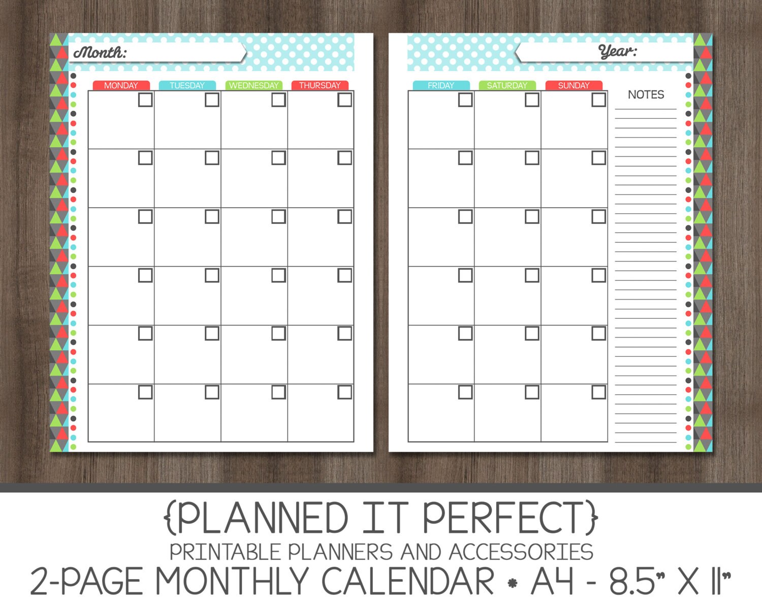 Two Page Monthly Calendar Printable CRBG By PlannedItPerfect