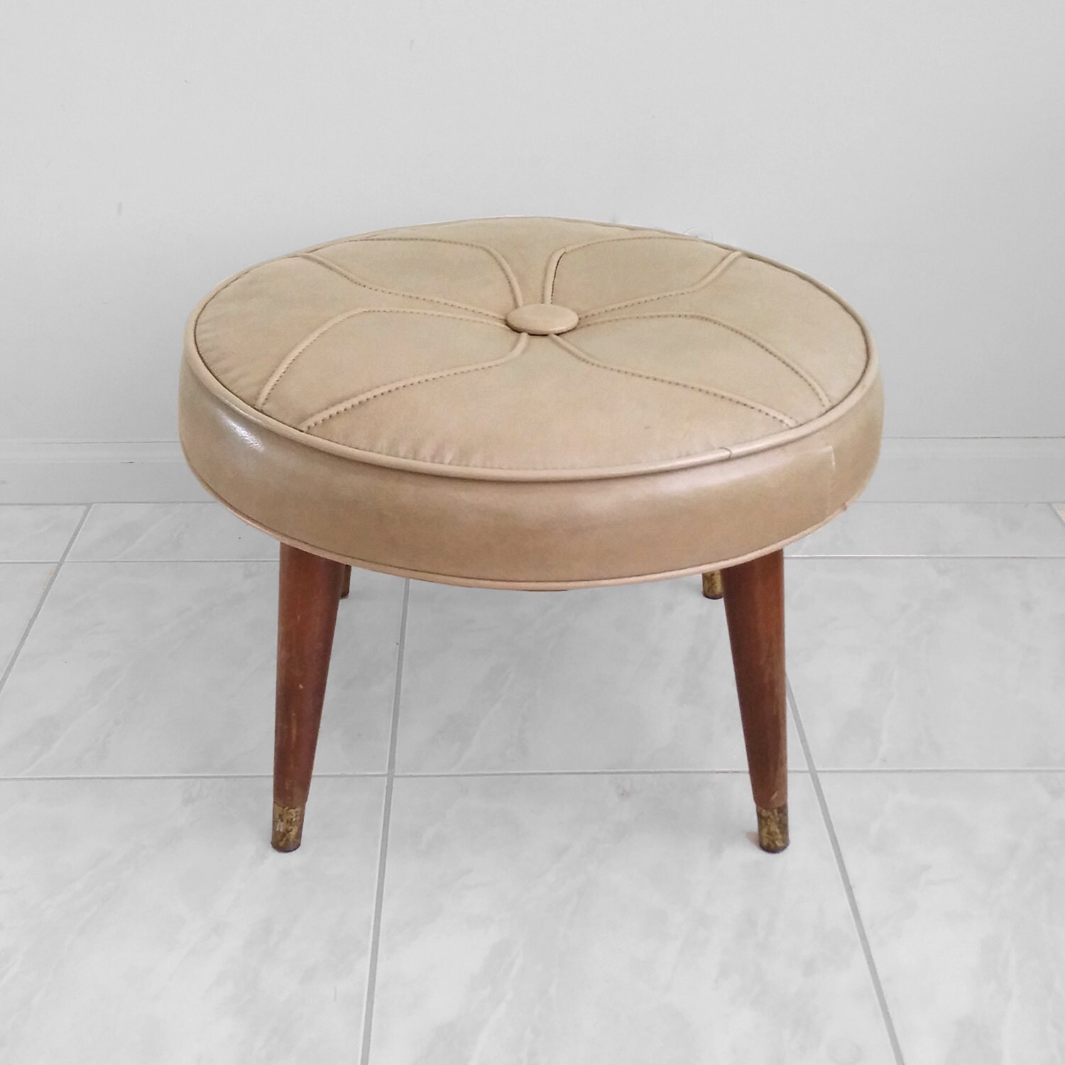 mid century modern round vinyl walnut stool – Haute Juice