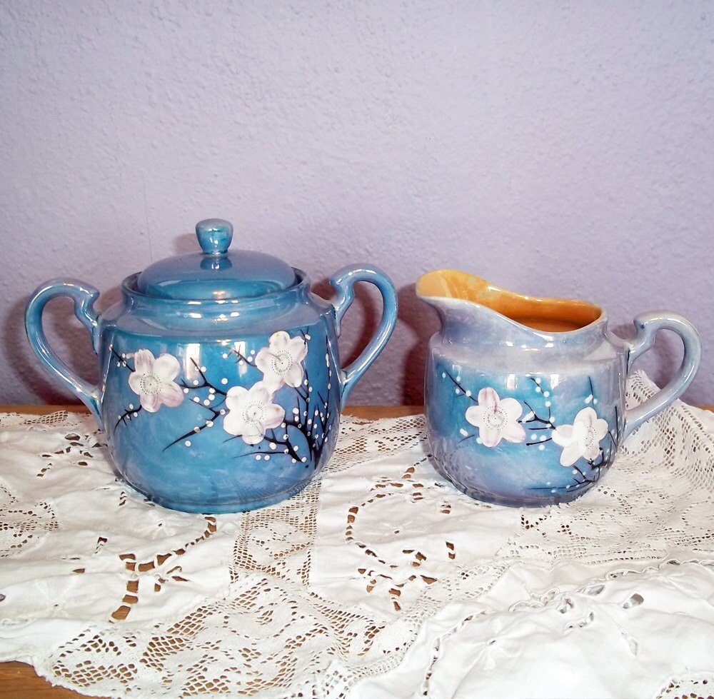 Vintage Blue and Peach Luster Ware Cream and Sugar Cherry Blossoms ...