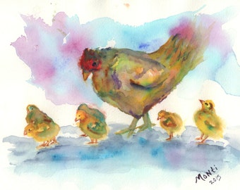 Watercolour hen | Etsy