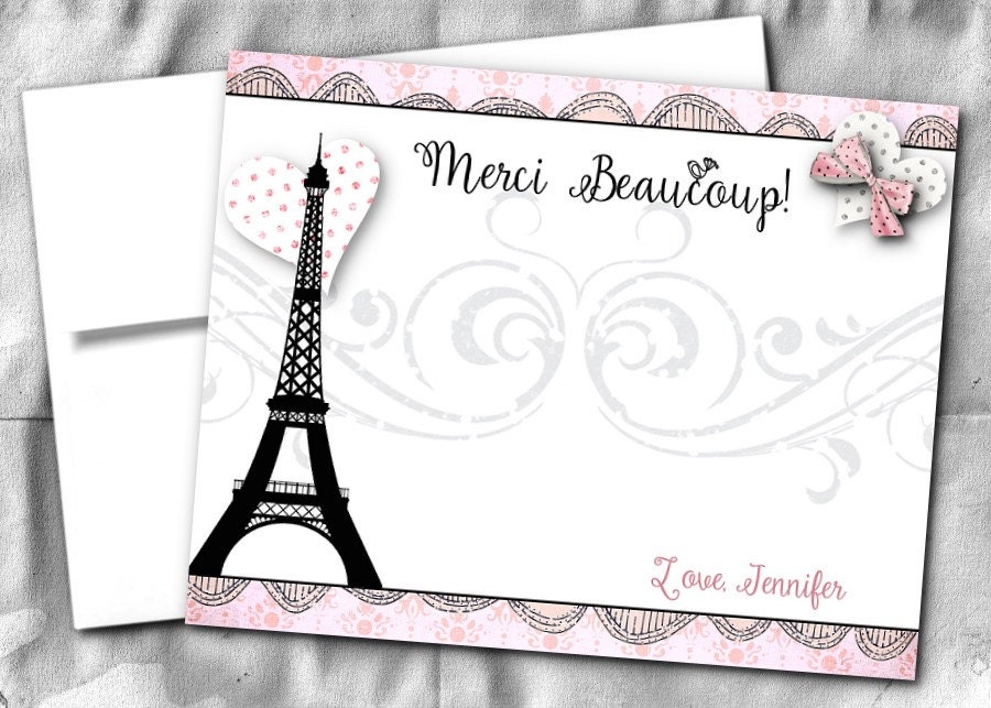 Printed French Themed Thank You Note Cards with Envelope