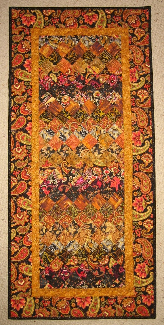 Black and Gold Paisley Art Quilt Kashmir Rug Quilted Wall