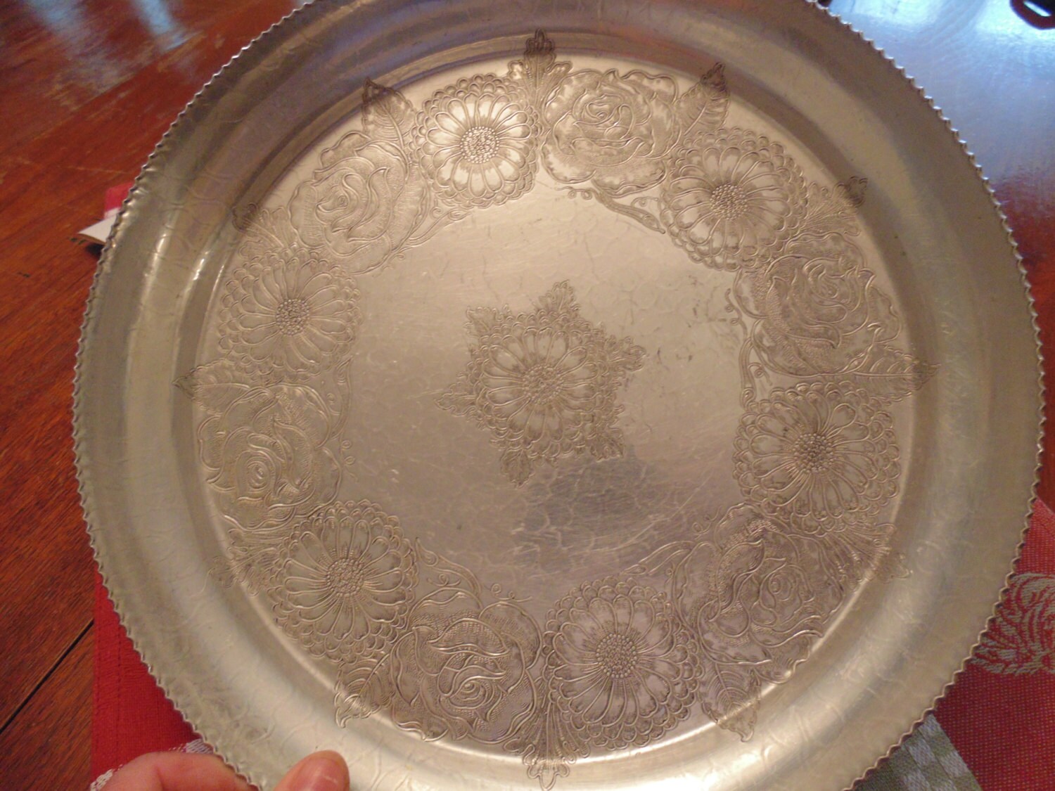 Round Hammered Plate or Tray, Gorgeous Flowered Borders, Crimped Edges ...