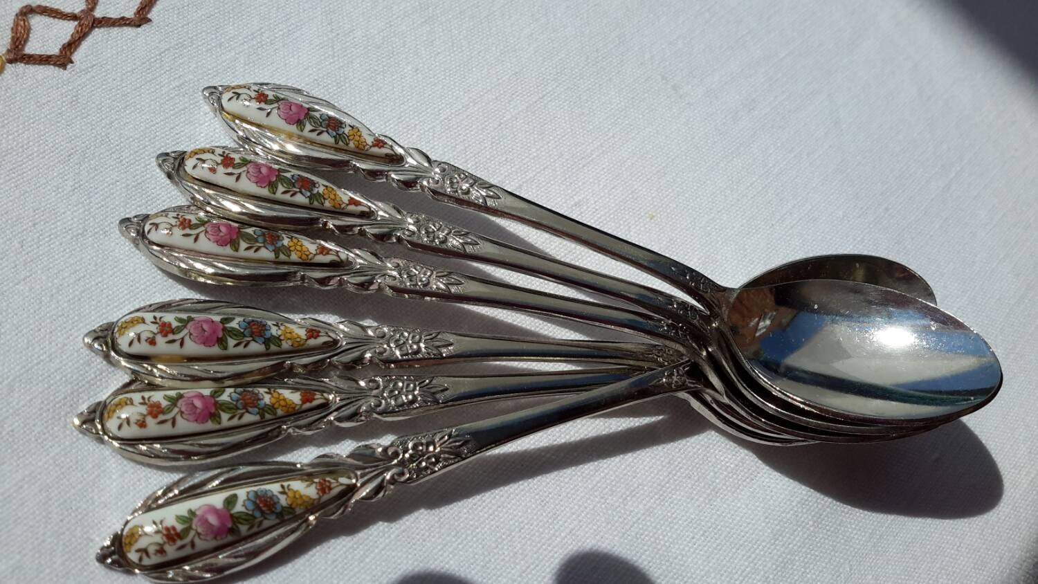 Set of six Vintage Tea Spoons, Enamel Floral Detail – Haute Juice