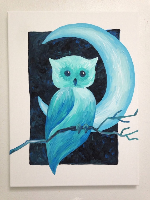 Owl Moon Night Tree Painting Art Original Funky Unique