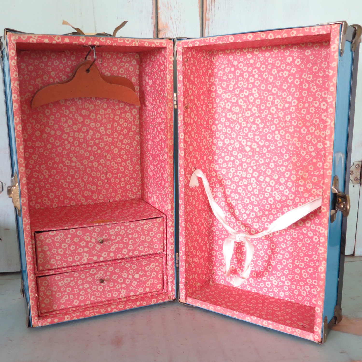 Doll Trunk Wardrobe Vintage Blue Metal Brass Cass Toys Hangers