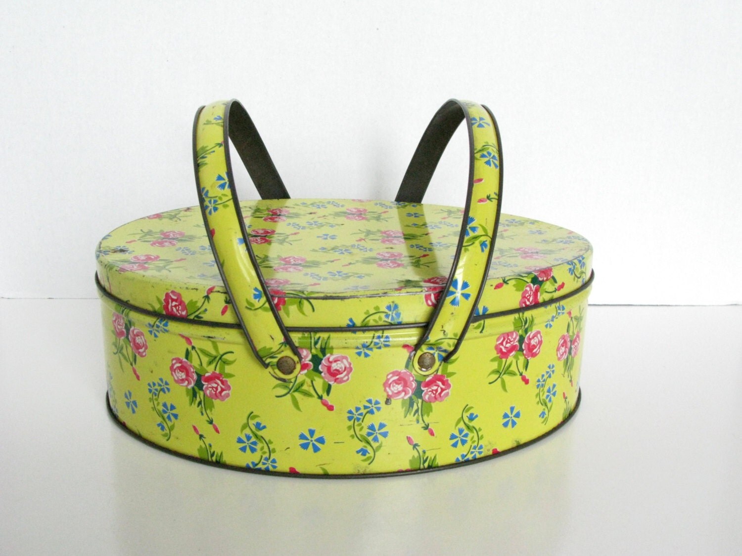 Vintage Metal Sewing Tin with Handles, Yellow Floral Storage Tin ...