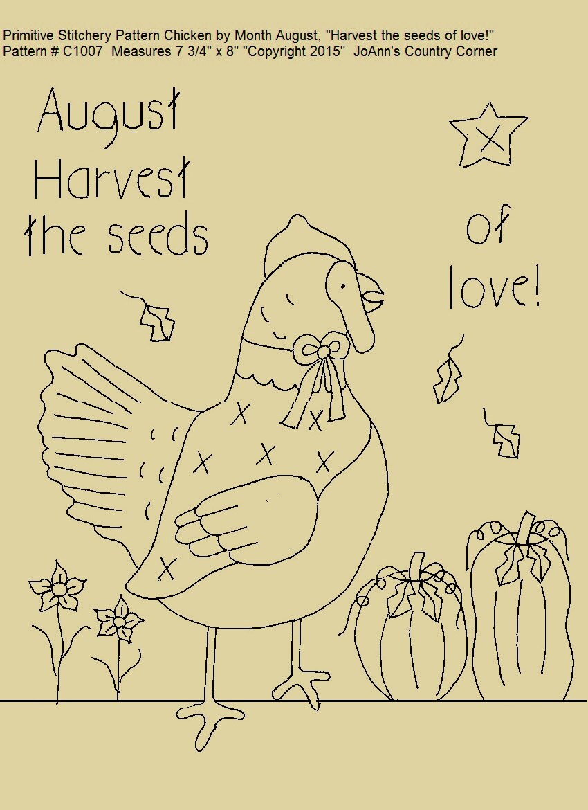 Primitive Stitchery E-Pattern Chicken by Month August
